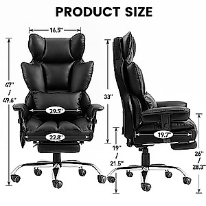 GURLLEU Executive Office Chair Office Desk Chair, Massage Reclining Office Chair with Foot Rest, Real High Back Office Chair with Lumbar Pillow Support PU Leather Computer Chair (Black)