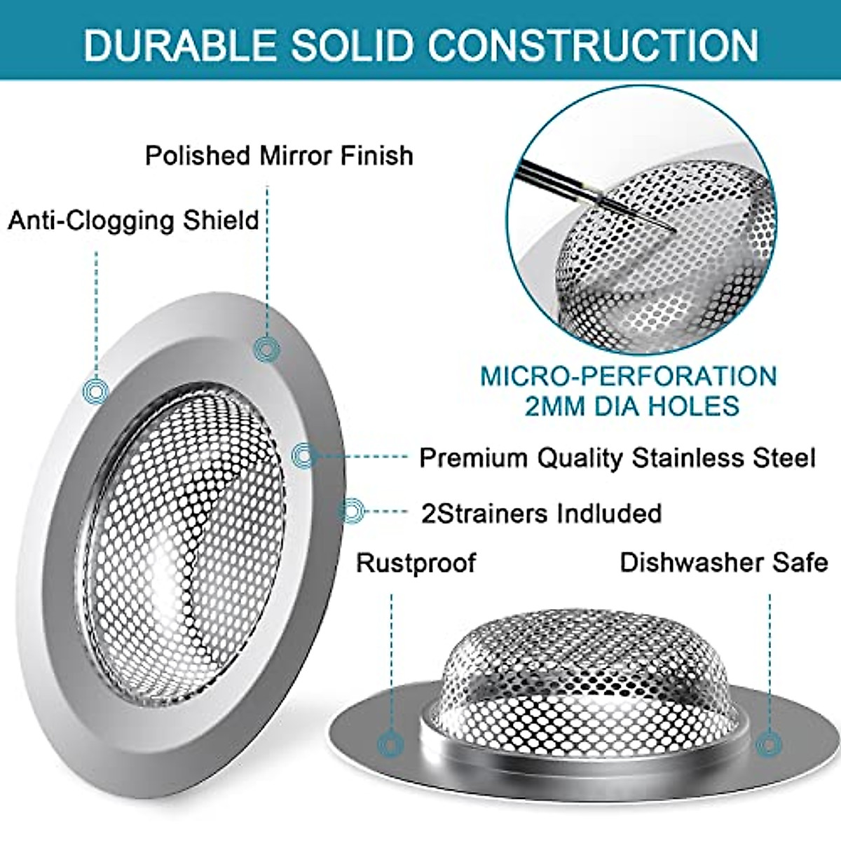 2 Pack Kitchen Sink Strainer, Stainless Steel, Large Wide Rim 4.5" Diameter, Food Catcher for Most Sink Drains Basket Strainer