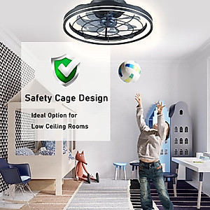 AVORHING Ceiling Fan with lights Remote Control,20" Low Profile Ceiling Fan,6 Wind Speeds Dimmable Caged Flush Mount Ceiling Fan,Smart Modern Ceiling Fan for Kids Room,Bedroom, Kitchen (Black)