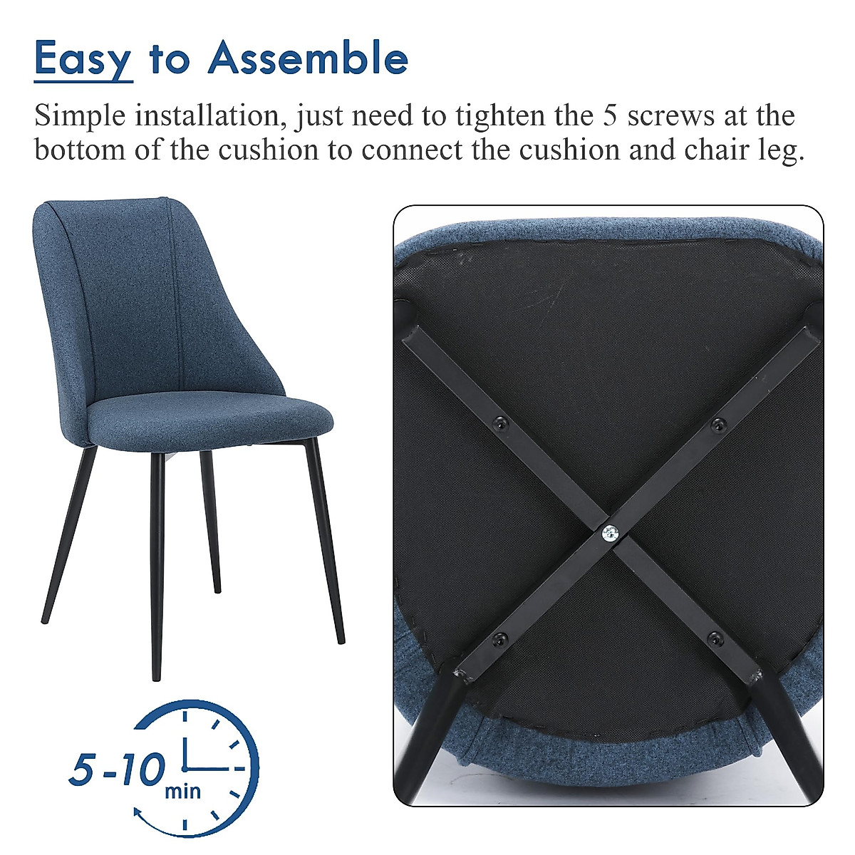 DAGONHIL Modern Dining Chairs for Kitchen,Linen-Cotton Upholstered Dining Chair Set of 2 with Black Metal Leg (Blue)