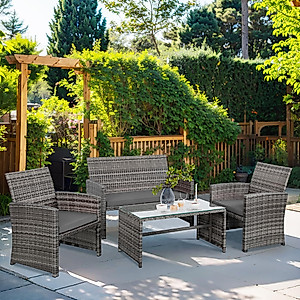 Shintenchi 4-Piece Outdoor Gray Wicker Patio Conversation Furniture Set, Rattan Patio Furniture Set with Weather Resistant Cushions and Tempered Glass Tabletop,Grey