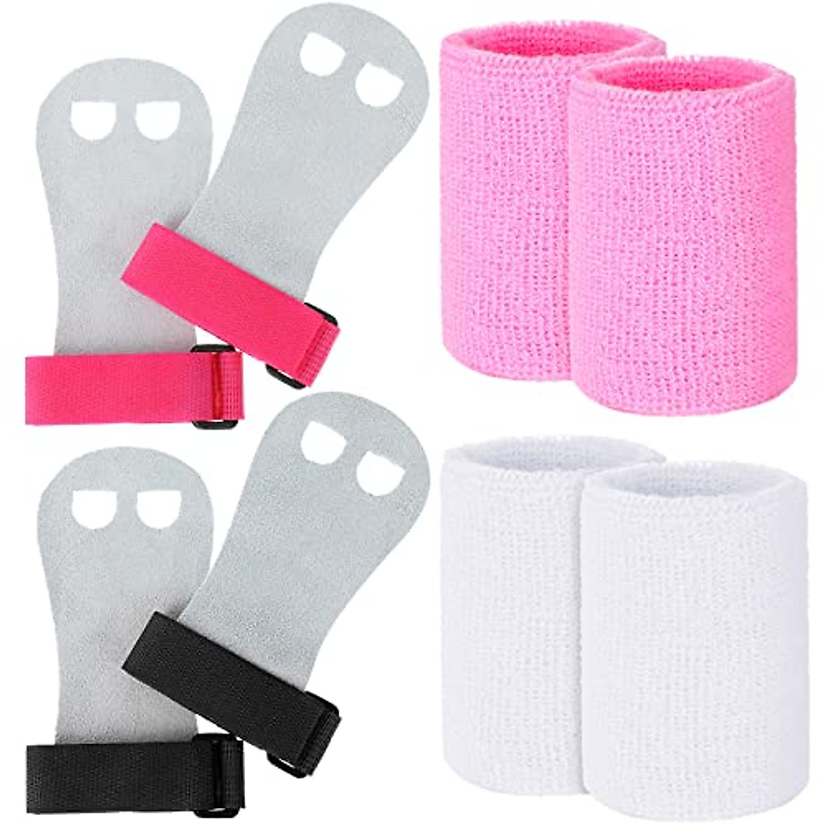 2 Gymnastics Grips Wristbands Sets for Kids Youth, Palm Protection and Wrist Support Sports Accessories for Workout Exercise (Pink, Black, White)