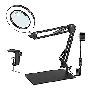 Magnifying Glass with Light and Stand, EOOKU 2-in-1 Magnifying Lamp & Clamp, 5X & 10X Magnifier 3 Color Modes Stepless Dimmable, Adjustable Swing Arm for Repair Crafts Soldering