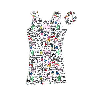 Destira Gymnastic Unitards for Girls with Matching Scrunchie, Unicorn Doodles - Biketard Athletic Wear, Gymnastics, Dance, Cheer, & More, Child Small (6x)