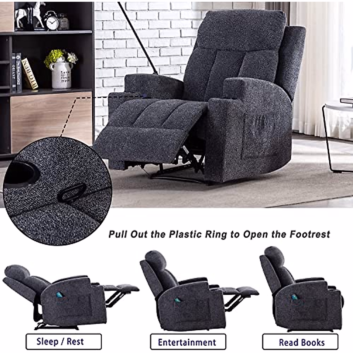 ANJ Massage Recliner Chairs with Cup Holders Breathable Fabric Manual Recliners with Heat for Living Room, Modern Reclining Single Sofas (Dark Grey)