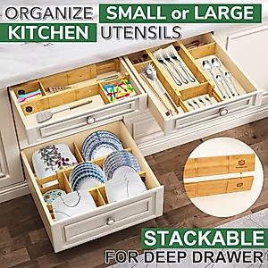 *UPGRADED* Kitchen Drawer Dividers w/Inserts and Liner - Adjustable Bamboo Organizers for Drawers - Spring Loaded, Large for Utensils and Deep for Clothes - Tall Wood Draw Divider Separator (Long)