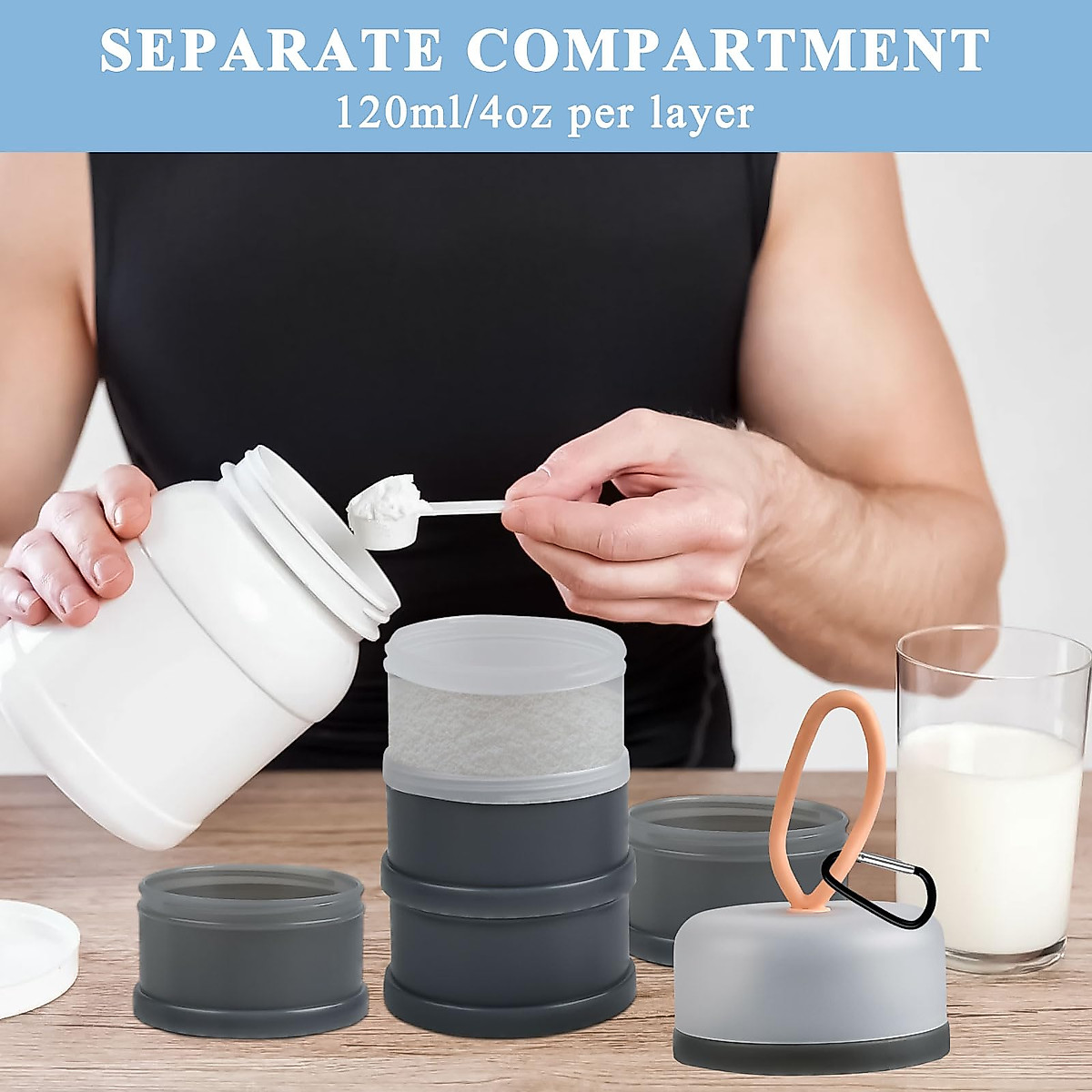Milkary 4Pcs Protein Powder Storage Container, 4 Layer Stackable Leak-proof Formula Dispenser to Go with Funnels Stand, Portable Keychain Travel Protein Powder Container for Workout Fitness Travel