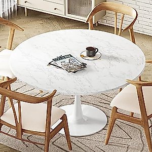 DKLGG White Marble Round, 42.1" Tulip Kitchen Dining 4-6 People with MDF Top & Pedestal Base, Mid-Century End Leisure Coffee Office Living Room Table