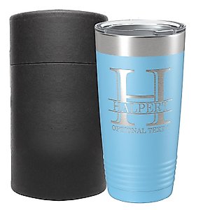 Personalized 20oz (17 Colors) Powder Coated Insulated Stainless Steel Tumbler with Lid, Custom Etched, Customized Engraved Gift Idea for Women Men Her Him, Halpert Monogram Initial Name (Light Blue)