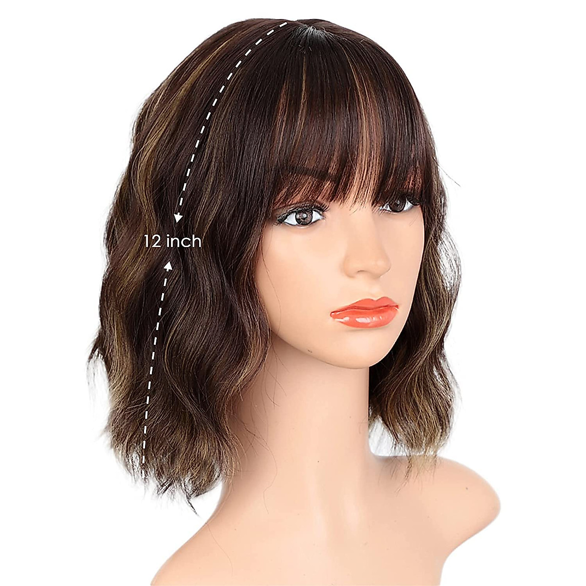 ENTRANCED STYLES Dark Brown Wigs for Women, Blonde Highlights Wig Natural Looking Short Wavy Bob Wig with bangs Medium Length Heat Resistant Synthetic Wig Daily Party Use 12”