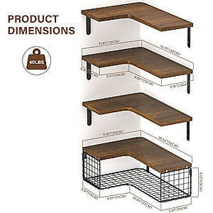 Zincify 4+1 Corner Floating Shelves with Wire Storage Basket, Corner Wall Shelves Rustic Wood for Bathroom, Kitchen, Bedroom, Living Room, Office, Corner Shelf Wall Mounted Dark Brown