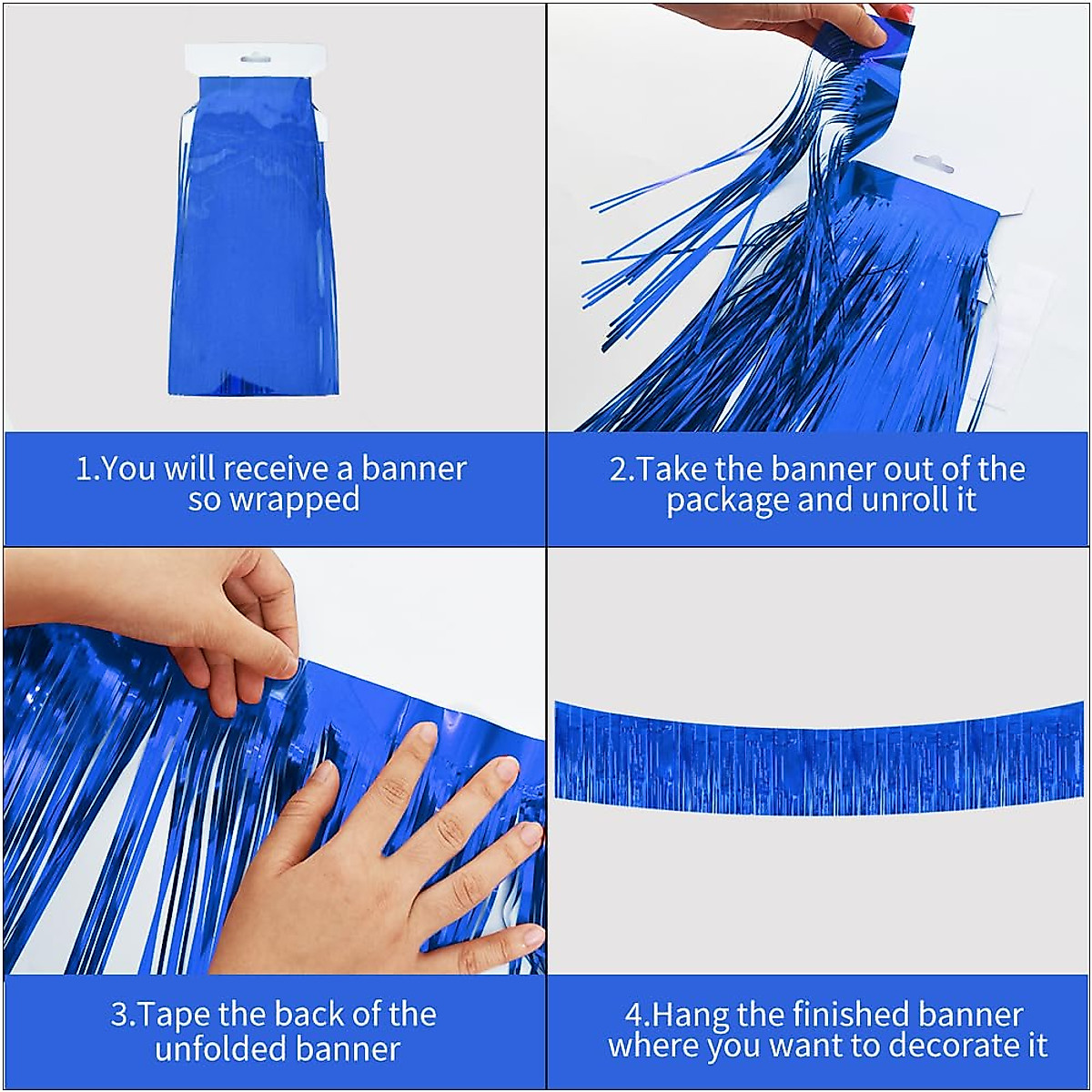 BEISHIDA 3 Packs Metallic Foil Fringe Garland Blue Wall Hanging Tinsel Fringe Banners for Valentine New Year Parade Floats Bridal Shower Wedding Birthday Holiday Party Decoration(30 Feet)