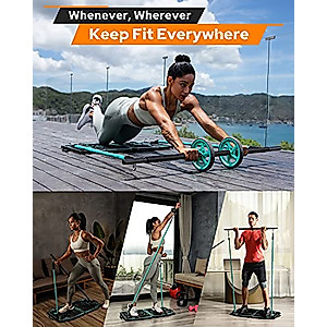 Gonex Portable Home Gym Workout Equipment with 14 Exercise Accessories Ab Roller Wheel,Elastic Resistance Bands,Push-up Stand,Post Landmine Sleeve and More for Full Body Workouts System,Green