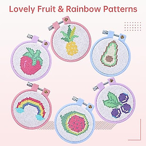 joyibay 6PCS 3'' Cross Stitch Embroidery Kits for Kids, Cross Stitch Beginner for Handicraft, Fruit Patterns DIY Handmade Pendant Hoops for Kids Manual Backpack Decoration with Chains