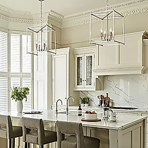 Brushed Nickel Chandelier 4-Light Foyer Chandelier, 12.6" Lantern Pendant Light for Dining Room Adjustable Height Square Pendant Light Fixtures for Kitchen Island Hallway Living Room Bedroom