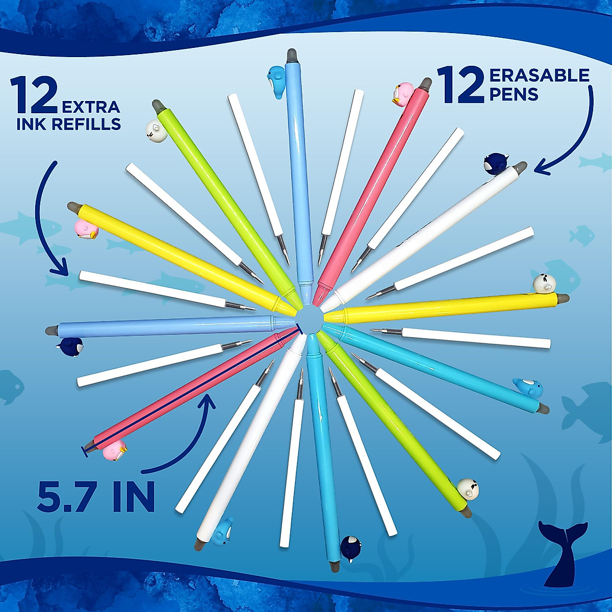 BunMo Erasable Cute Pens - Cute Kawaii Accessories - 12 Ink Pens Include 12 Extra Kawaii Pen Ink Refills. Great Easter Basket Stuffers or Easter Basket Stuffers For Girls