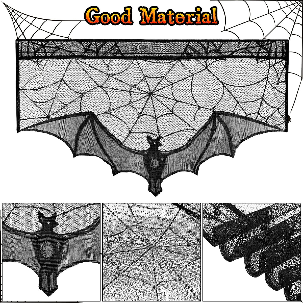 Tatuo 3 Pieces Halloween Valances Halloween Windows Decorations Black Lace Cobweb Mantle Scarf Spiderweb Fireplace Valances Cover Halloween Party Decorations