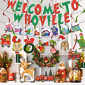 Welcome To Whoville Banner with Christmas Hanging Swirls Party Decorations, Red and Green Glitter Letter Banner Xmas Hanging Swirls Decorations Welcome Party Supplies Decorations