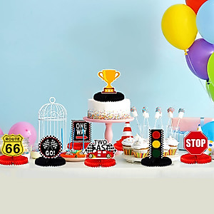 LINGTEER Race Car Two Fast Birthday Table Honeycomb Centerpieces - 9Pcs Let's Go Racing Happy 2nd Birthday Party Table Decorations Sign.
