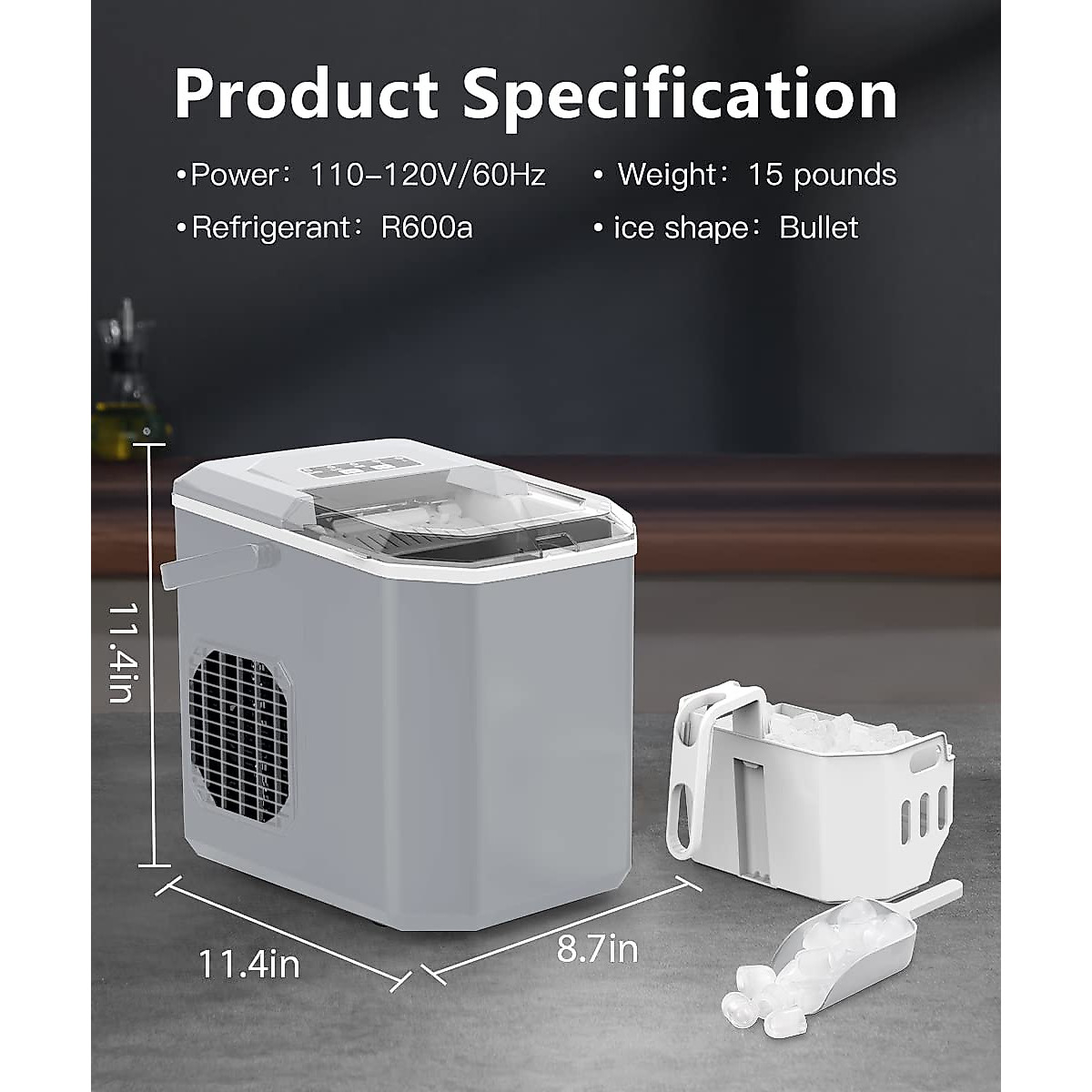 Joy Pebble Ice Makers Countertop, Portable Ice Maker Machine with Ice Scoop and Basket, 25lbs/24Hrs, 6 Mins/9 Pcs Bullet Ice,2 Ice Sizes(S/L), Handheld Ice Maker for Kitchen/Home/Party