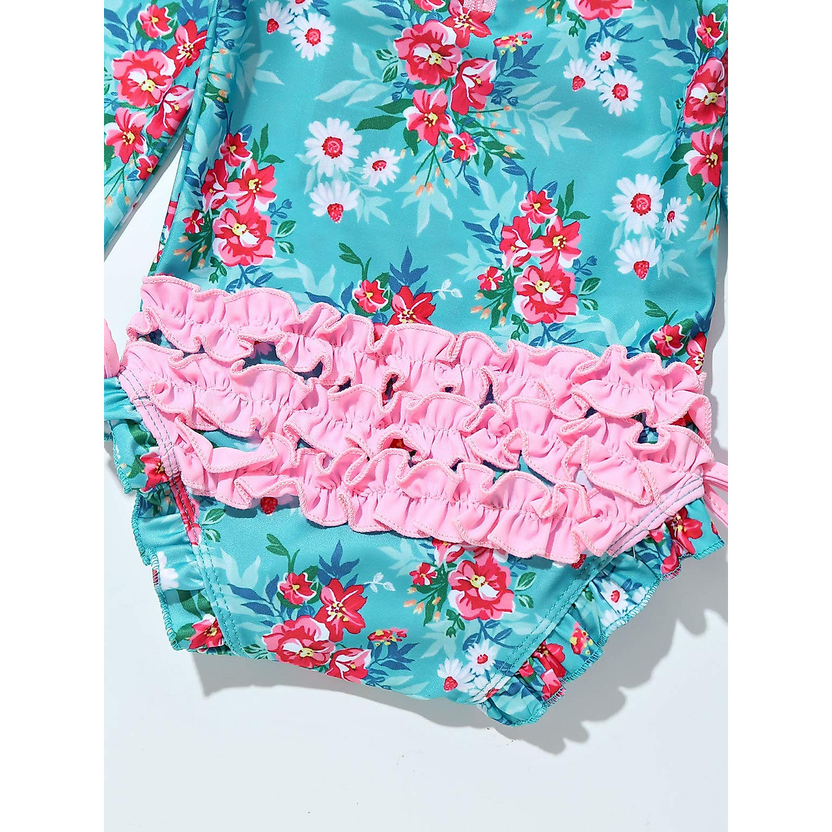 Moily Infant Baby Girls Long Sleeve Floral Ruffles One Piece Swimsuit Rash Guard Shirts Bathing Suit Blue 6-12 Months