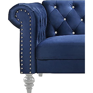 New Classic Furniture Glam Emma Velvet Three Seater Chesterfield Style Sofa for Small Spaces with Crystal Button Tufts, Royal Blue