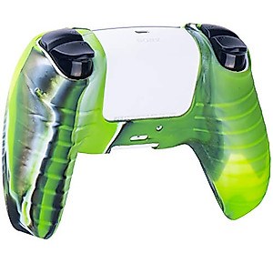 9CDeer 1 Piece of Silicone Studded Dots Protective Sleeve Case Cover Skin + 6 Thumb Grips Analog Caps for PS5 Controller, Camouflage Green