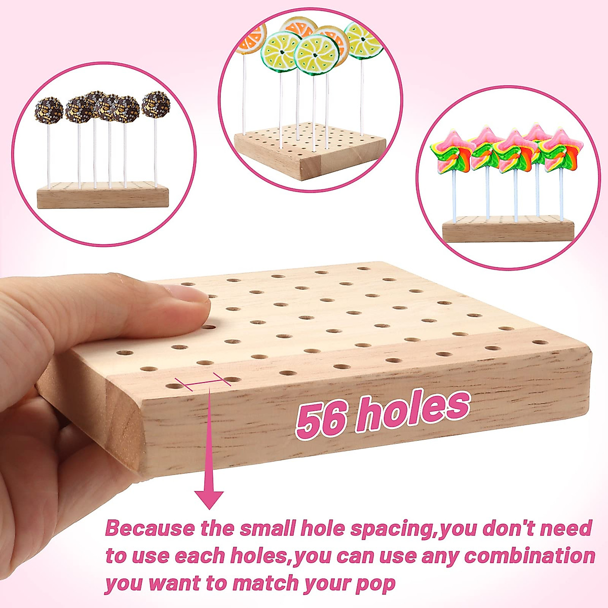Qfeley 2 Pack Wooden Cake Pop Stand Display 56 Holes Wood Lollipop Holder Stand Decorative Candy or Sucker Stand for Dessert Table of Wedding,Birthday Party,Baby Showers,Fit 4mm Lollipop Sticks