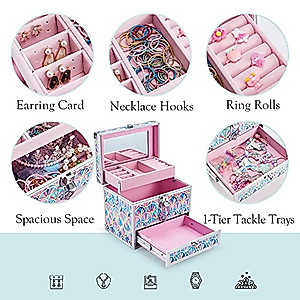 Hododou Girls Jewelry Box Organizer with Drawer & Mirror, Mermaid Tail Style Lockable Storage Case for Kid or Little Girls Jewelry and Hair Accessories