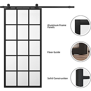 BARNSMITH 42in x 84in Frosted Glass Barn Door with 7FT Top Mounted Hardware kit Include Soft Close Mechanism DIY 15 Lites Modern Aluminum Frame Glass Sliding Barn Door Disassembled Easy Installation