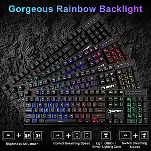 NPET Gaming Keyboard and Headset Bundle, Ultra-Slim Rainbow LED Backlit Keyboard, Stereo Gaming Headset for PS4, PC, Xbox One Controller