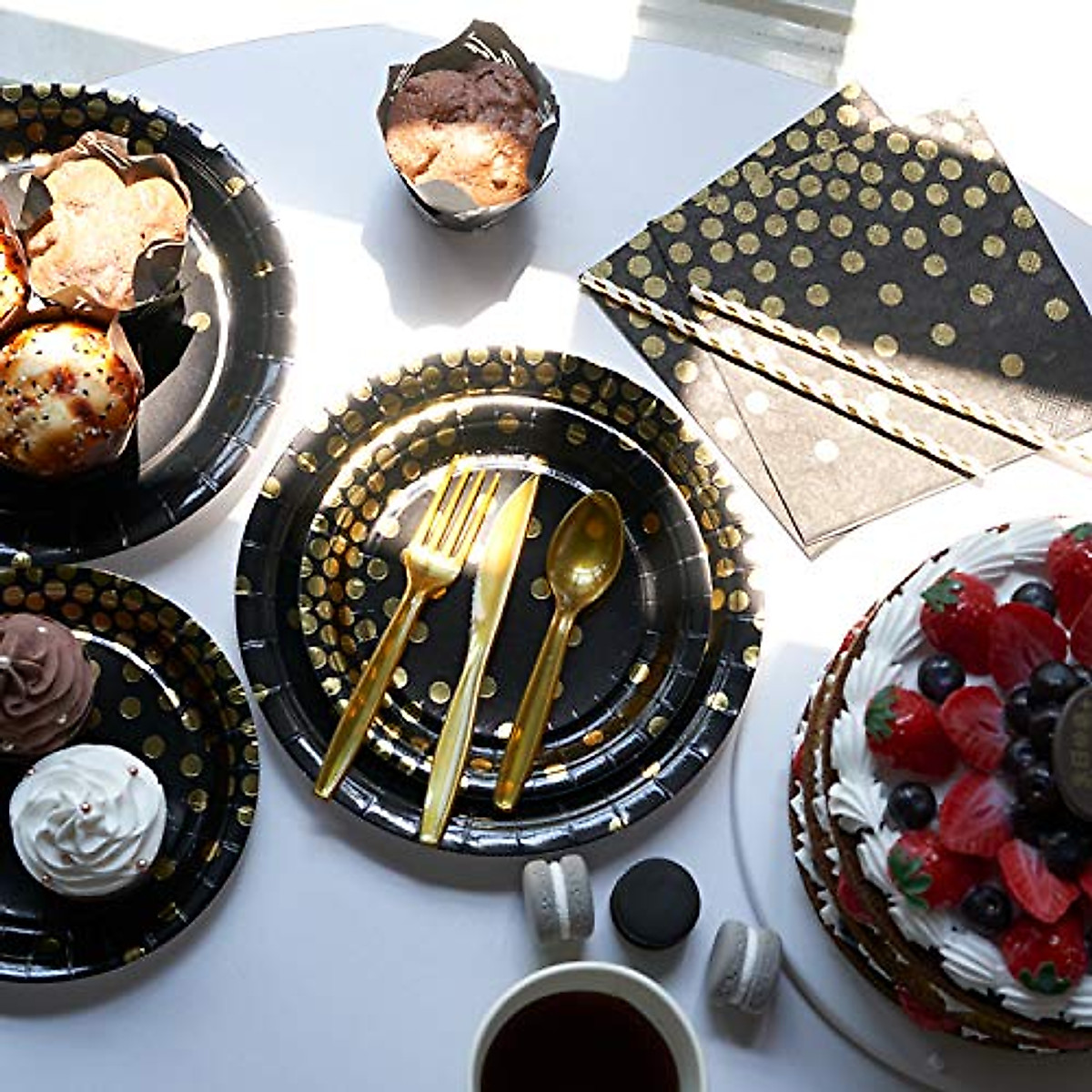 DECORLIFE Black Paper Plates, 400PCS Serves 50, Black and Gold Plates and Napkins Party Supplies, 12oz Cups, Utensils, Straws for Graduation Homecoming Retirement Anniversary Birthday Party