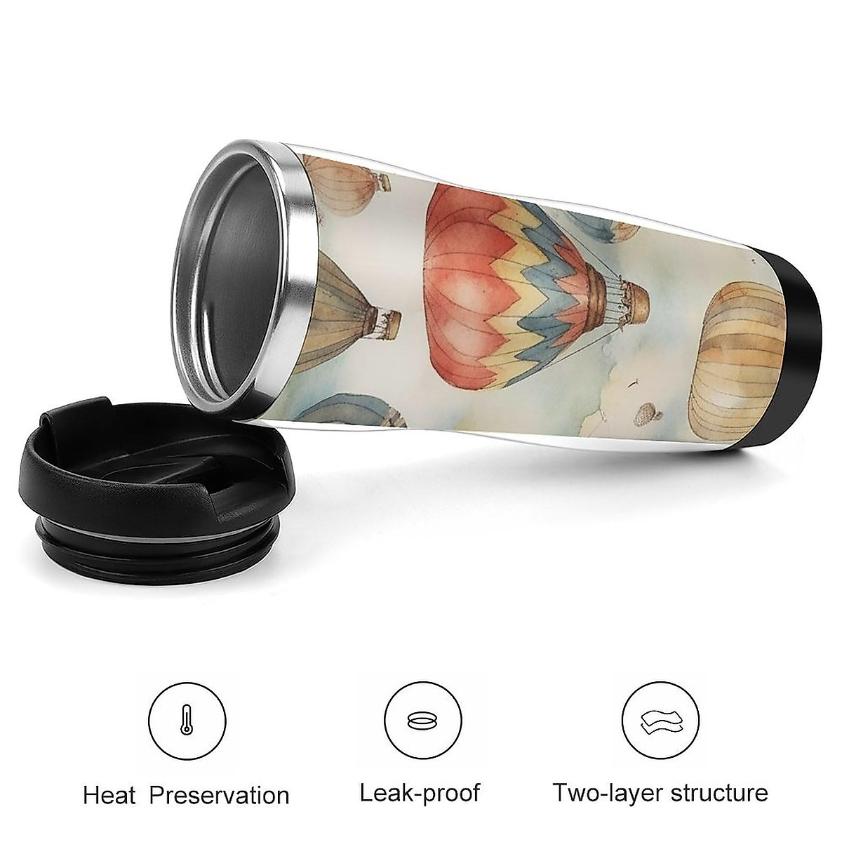 HKMNTGD Travel Coffee Mug, Insulated Tumblers Watercolor Hot Air Balloon Printed Stainless Steel Cups Reusable Stainless Steel Cups Insulated Tumbler with Lid