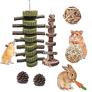 Fansisco Rabbit Chew Toys, Natural Apple Wood and Drying Grass Cake and Activity Balls for Rabbits, Chinchillas, Guinea Pigs, Hamsters Chewing Playing Improve Dental Health (style1)