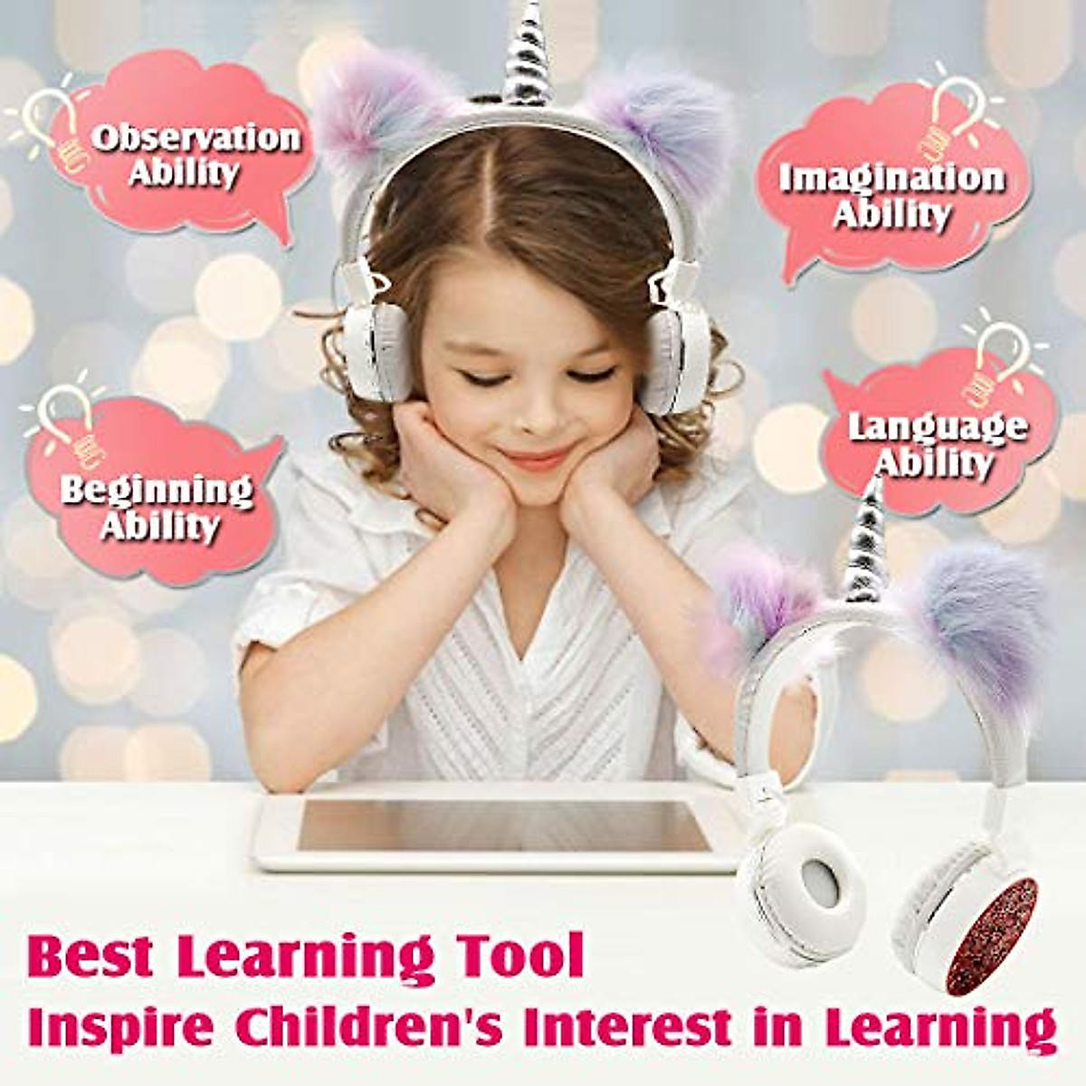 JINSERTA Bluetooth 5.0 Headphones with Fluffy Cat Ears for Kids, Kids Headband Earphone Foldable Headset Rechargeable Support TF Card, FM, Aux in (Black)