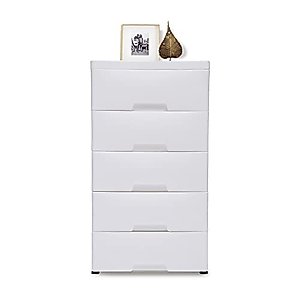 WOQLIBE Plastic Dressers,Storage Dresser with 5 Drawers,File Vertical Cabinet with Wheel Casters for Playroom Bedroom Hallway Entryway Furniture,17.72''D x 11.81''W x 33.07''H(White)