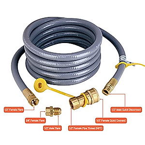 Camplux 12 Ft 1/2 Inch Natural Gas Hose with Quick Connect 3/8 Inch Female Flare to 1/2 Inch Male Flare Adapter for Gas Grill, Fire Pit Patio Heater