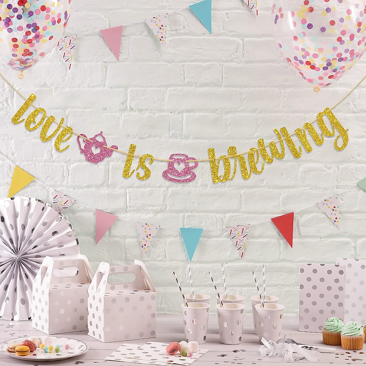 Dalaber Love is Brewing Banner for Wedding/Engagement/Bridal Shower/Bachelorette Tea Coffee Bar Decoration, Table Bunting Banner Sign Party Decorations