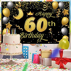 Sweet Happy 60th Birthday Backdrop Banner Poster 60 Birthday Party Decorations 60th Birthday Party Supplies 60th Photo Background for Girls,Boys,Women,Men - Black Gold 72.8 x 43.3 Inch