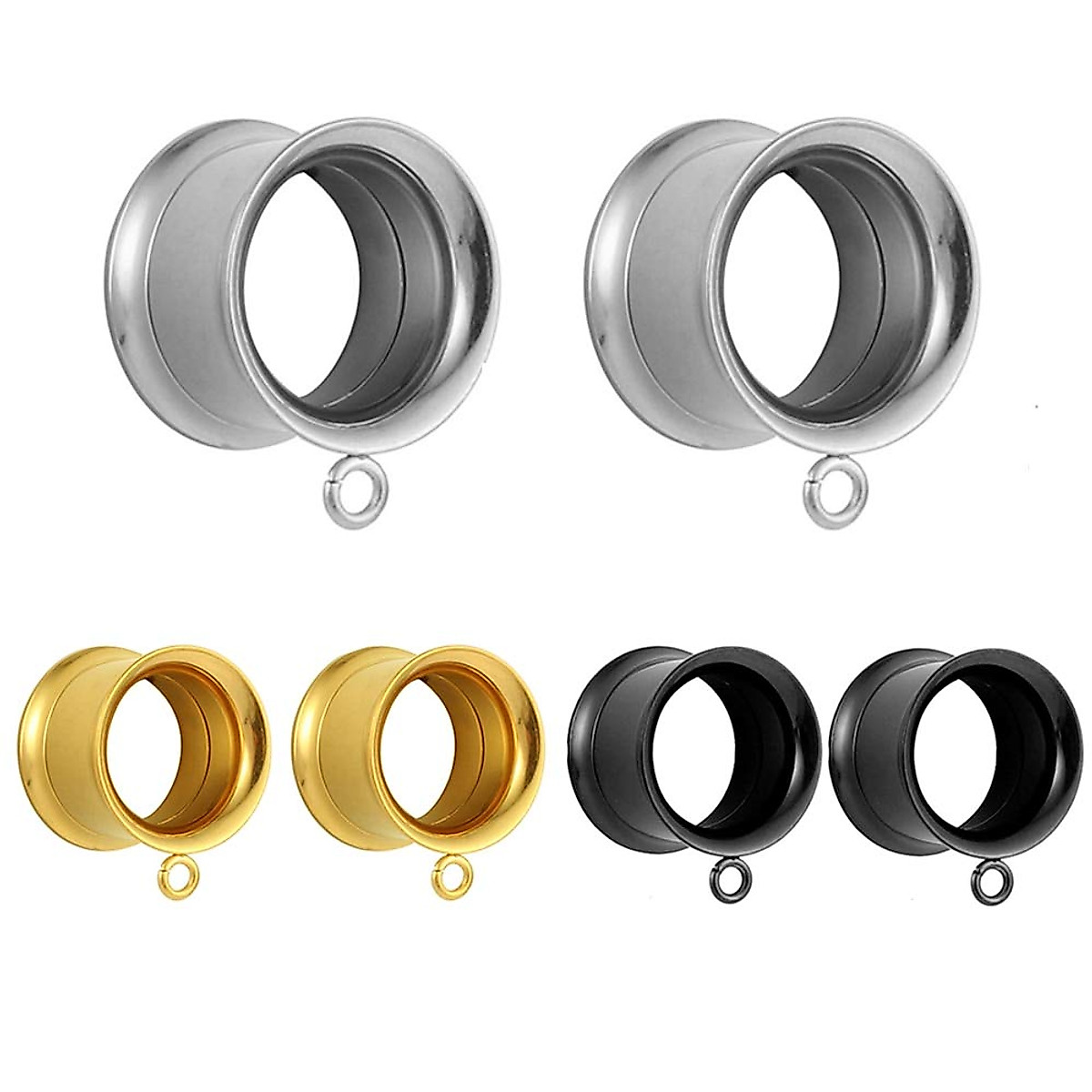 Casvort 6 PCS 8mm (0g) Hypoallergenic 316 Stainless Steel Hot Silver Gold Black Ear Piercing Tunnels for Dangles DIY Ear Gauges Wedding Women Body Jewelry