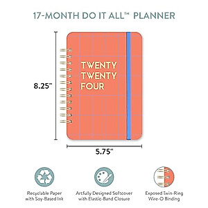 Orange Circle Studio Do It All 2024 Weekly Planner, 17-Month Wire-O Bound Calendar Book with Dotted Grid Week-Per-Spread View & To-Do Lists, Appointment, Budget & Goal Tracker for School/Work, Coral
