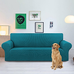 KEKUOU Stretch Oversized Sofa Slipcover 1 Piece Couch Sofa Cover (94"-110") Furniture Protector 4 Seater Sofa with Elastic Bottom for Kids,Pet.Jacquard Checked Pattern Fabric(X Large,Peacock Blue)