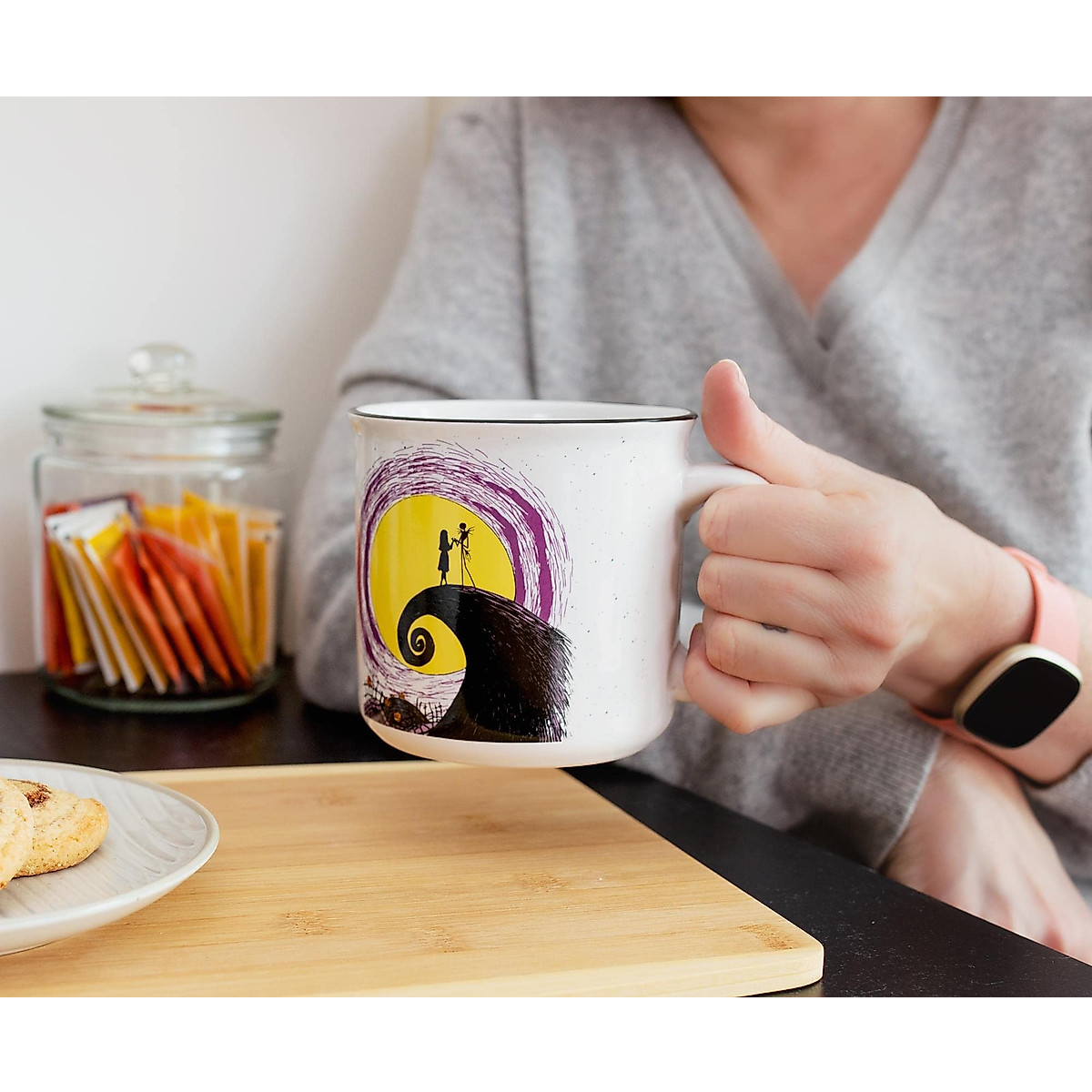 Disney The Nightmare Before Christmas Jack and Sally Spiral Hill 20-Ounce Ceramic Camper Mug | BPA-Free Travel Coffee Cup For Espresso, Caffeine, Cocoa, | Home & Kitchen Essentials | Halloween Gifts