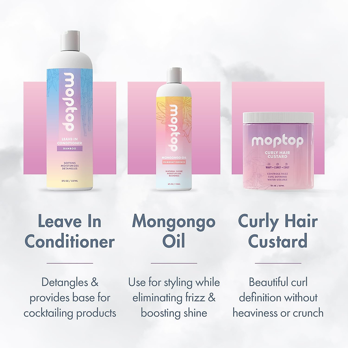 MopTop Curly Hair Bundle: Moisturizing Leave-In Conditioner with Mongongo Oil, Defining Lightweight Curl Gel for Wavy and Curly Hair Routine, Women's Haircare