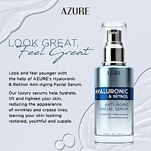 Azure Cosmetics Dermatologist Tested Hyaluronic & Retinol Face Serum - K Beauty Anti-Aging Formula for Dark Spots & Wrinkle Care - Korean Skincare, Moisturizing Complex for Glowing Skin - 1.69 fl oz