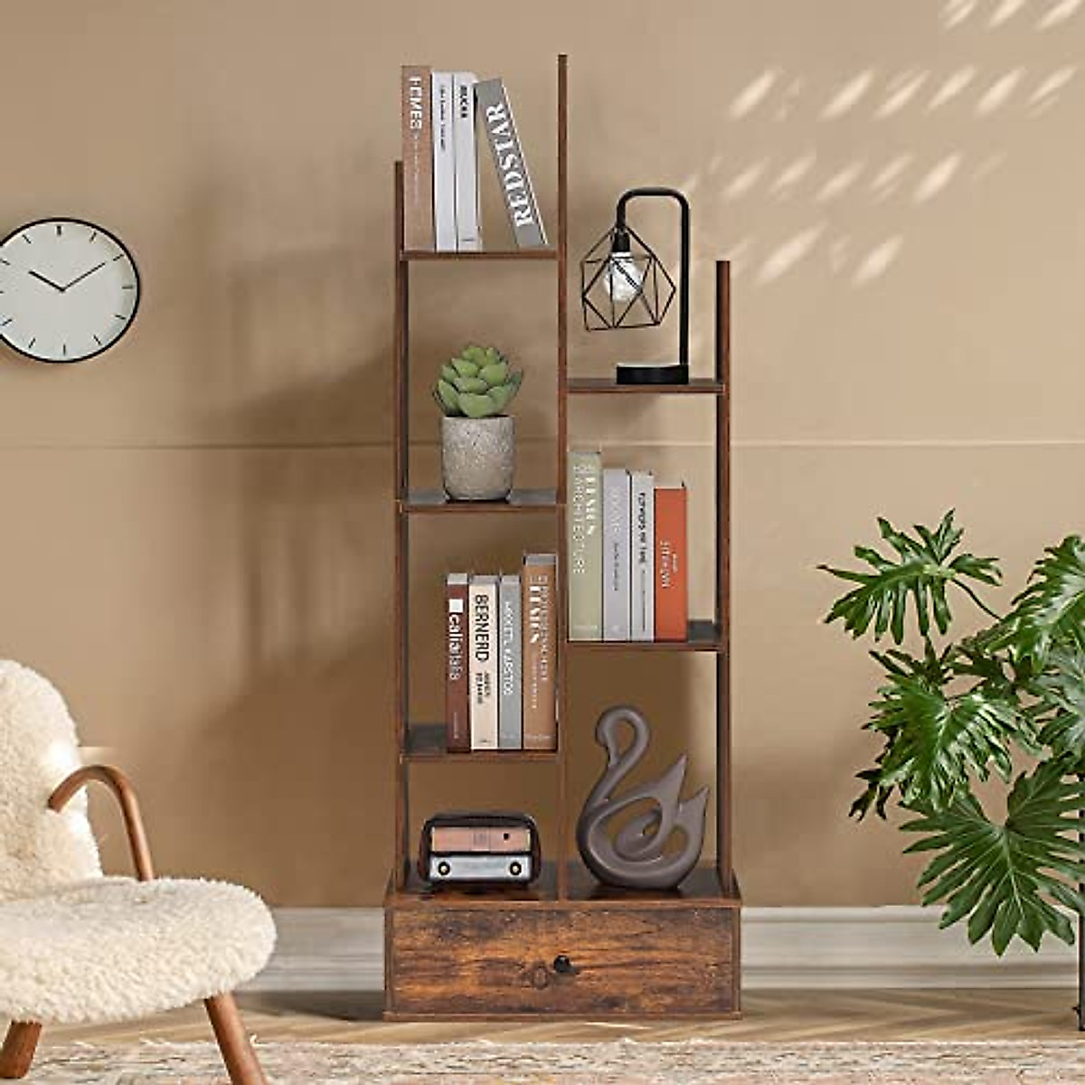WEENFON Unique Bookcase with 1 Large Drawer, Tree-Shaped Bookshelf with 7 Storage Shelves, Open Standing Bookshelf for Bedroom, Living Room, Office, Rustic Brown