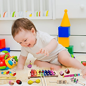 ATDAWN Kids Musical Instruments, 15 Types 22pcs Wood Percussion Xylophone Toys for Boys and Girls Preschool Education with Storage Backpack