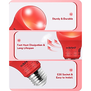 EDISHINE 4 Pack Red Light Bulbs, A19 LED Light Bulb 60W Equivalent, E26 Medium Base, 9W, Red Lights for Bedroom, Christmas Decoration, Porch, Garden, Home Lighting, Non-dimmable, ETL Listed
