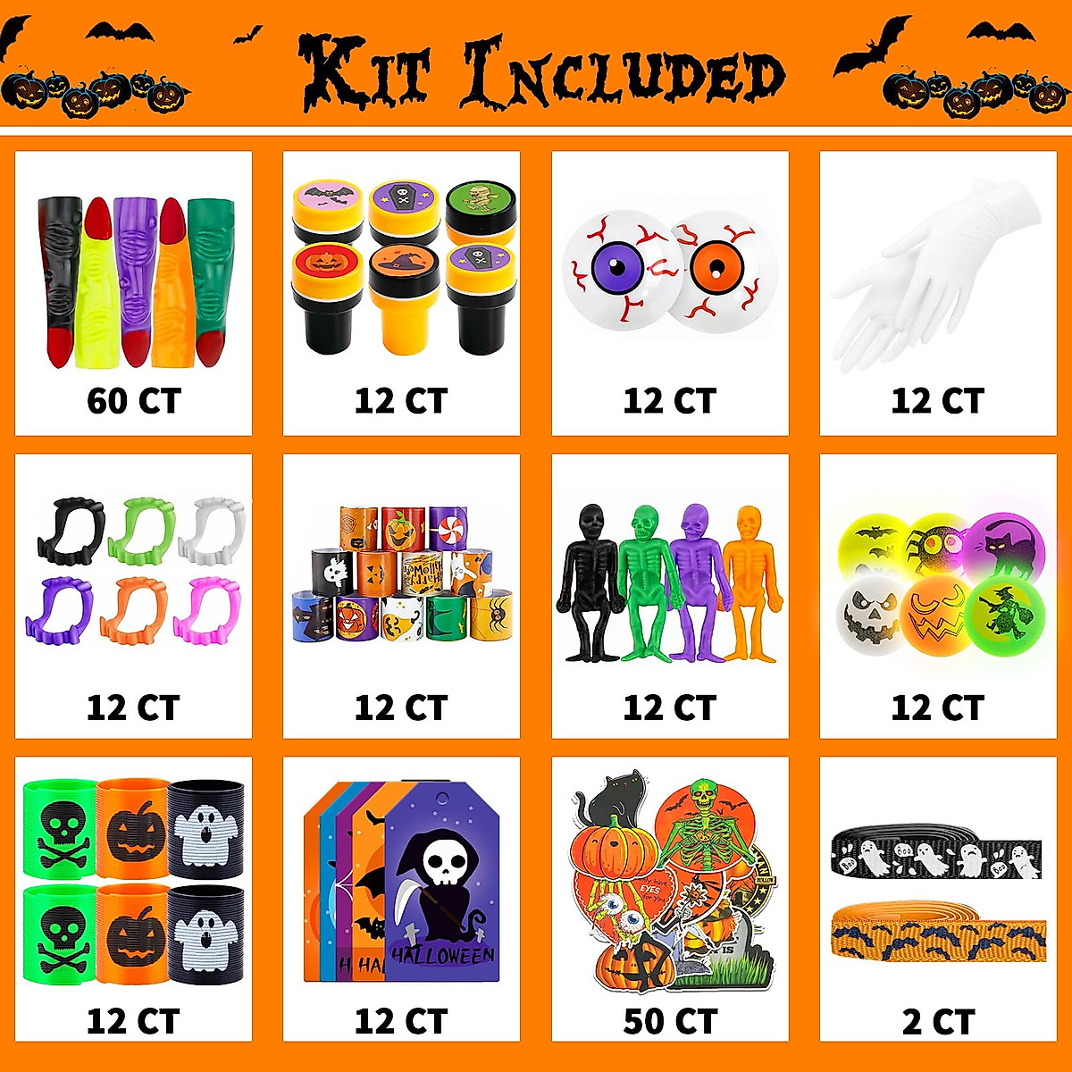 220Pcs Halloween Party Favors, 12 Pack Gloves Stuffed Toys Bulk, Non-Candy Halloween Prefilled Toys for Kids Trick or Treat, Halloween Gifts for Boys Girls School Classroom Prizes Party Supplies