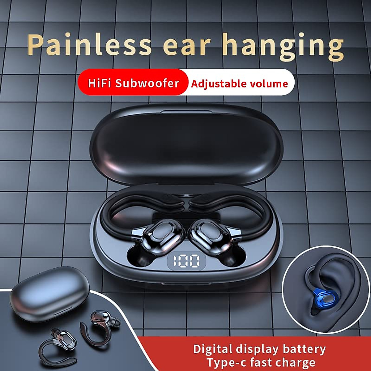 EnBuQINWo 5.2 New Bluetooth Headphones Bone Conduction Wireless Earbuds Noise Canceling Headphones, LED Sports Waterproof Headphones (Green)